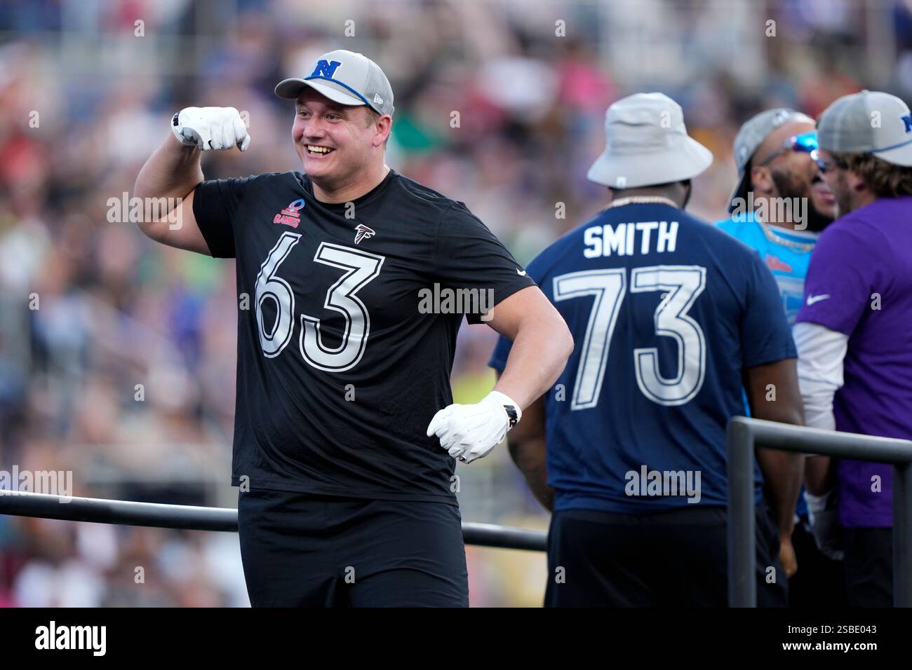 NFC guard Chris Lindstrom (63), of the Atlanta Falcons, celebrates his ...