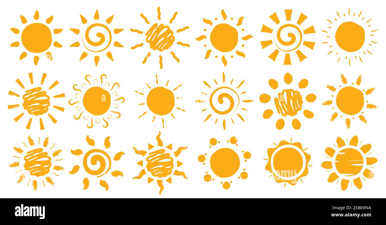 Sun drawing clipart icon set. Yellow sun in doodle and hand drawn clip ...