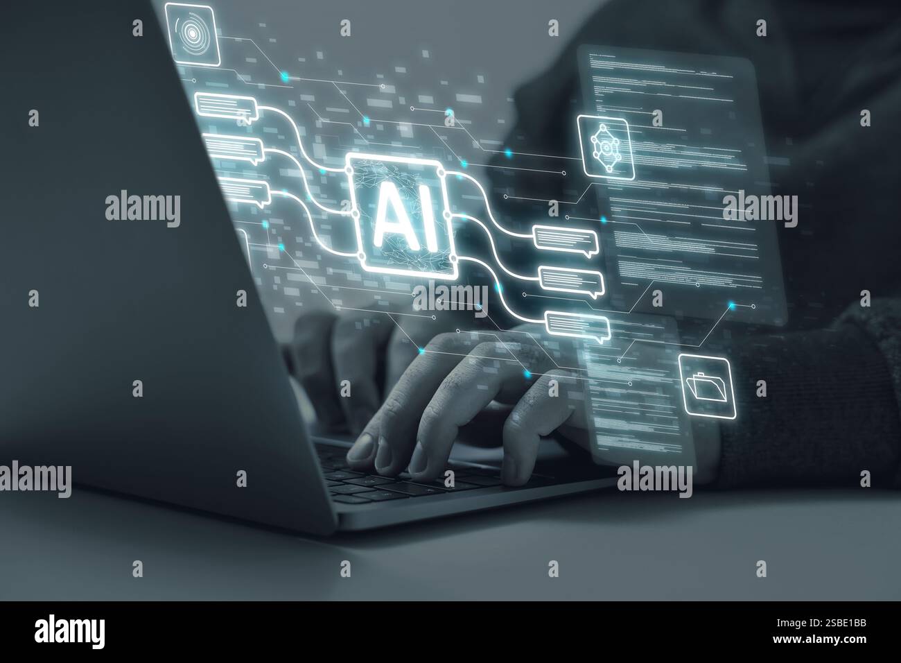 Artificial intelligence. Man using laptop at table, closeup. Scheme ...