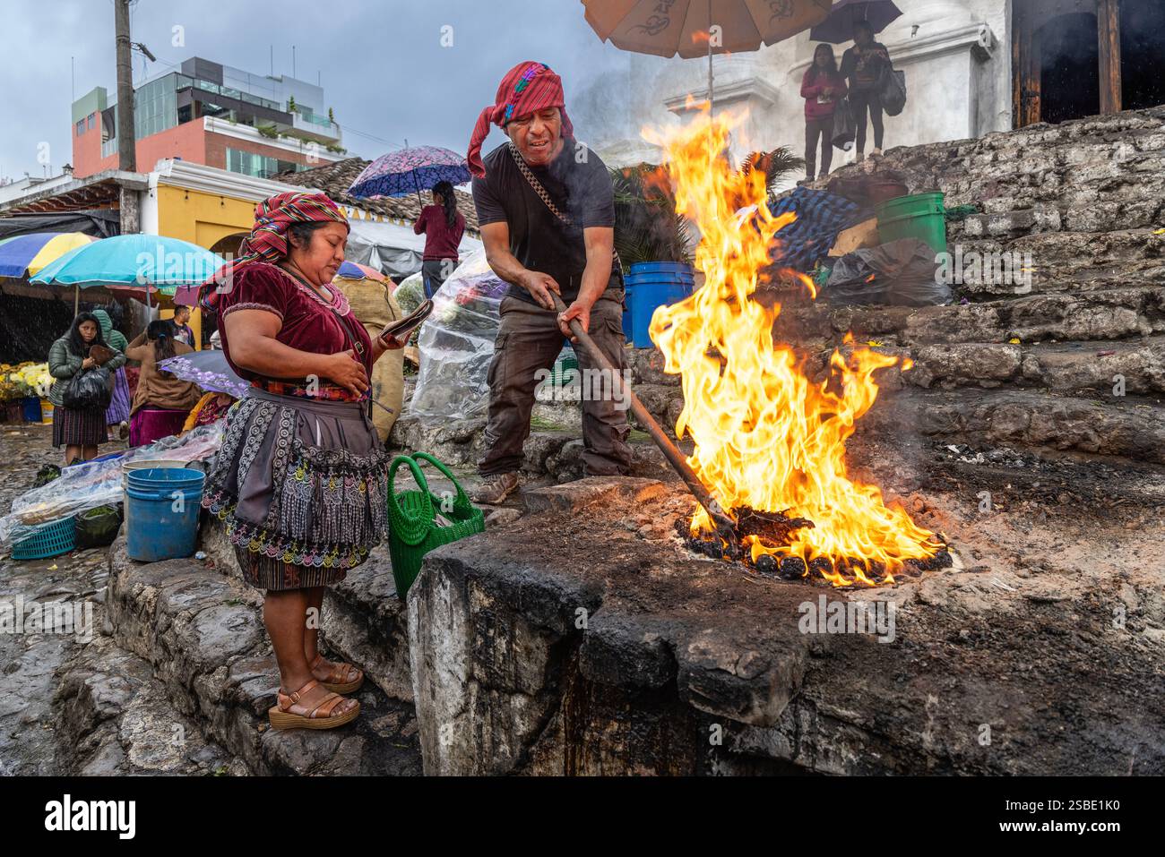 Sacred fire ritual of Quiche Mayan devotees for the Mayan gods on the ...