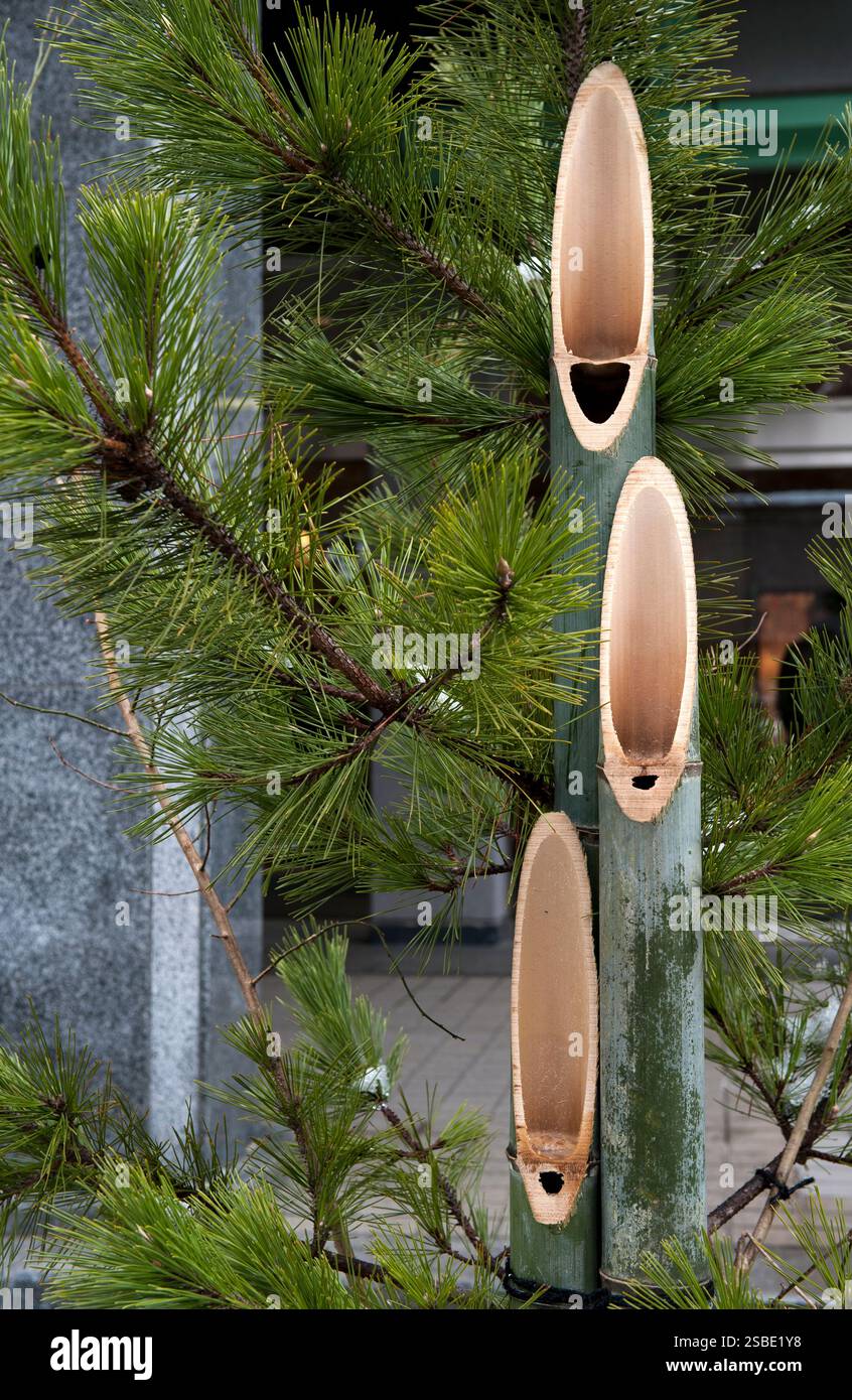 Kadomatsu are traditional decorations of bamboo, pine and plum branches ...
