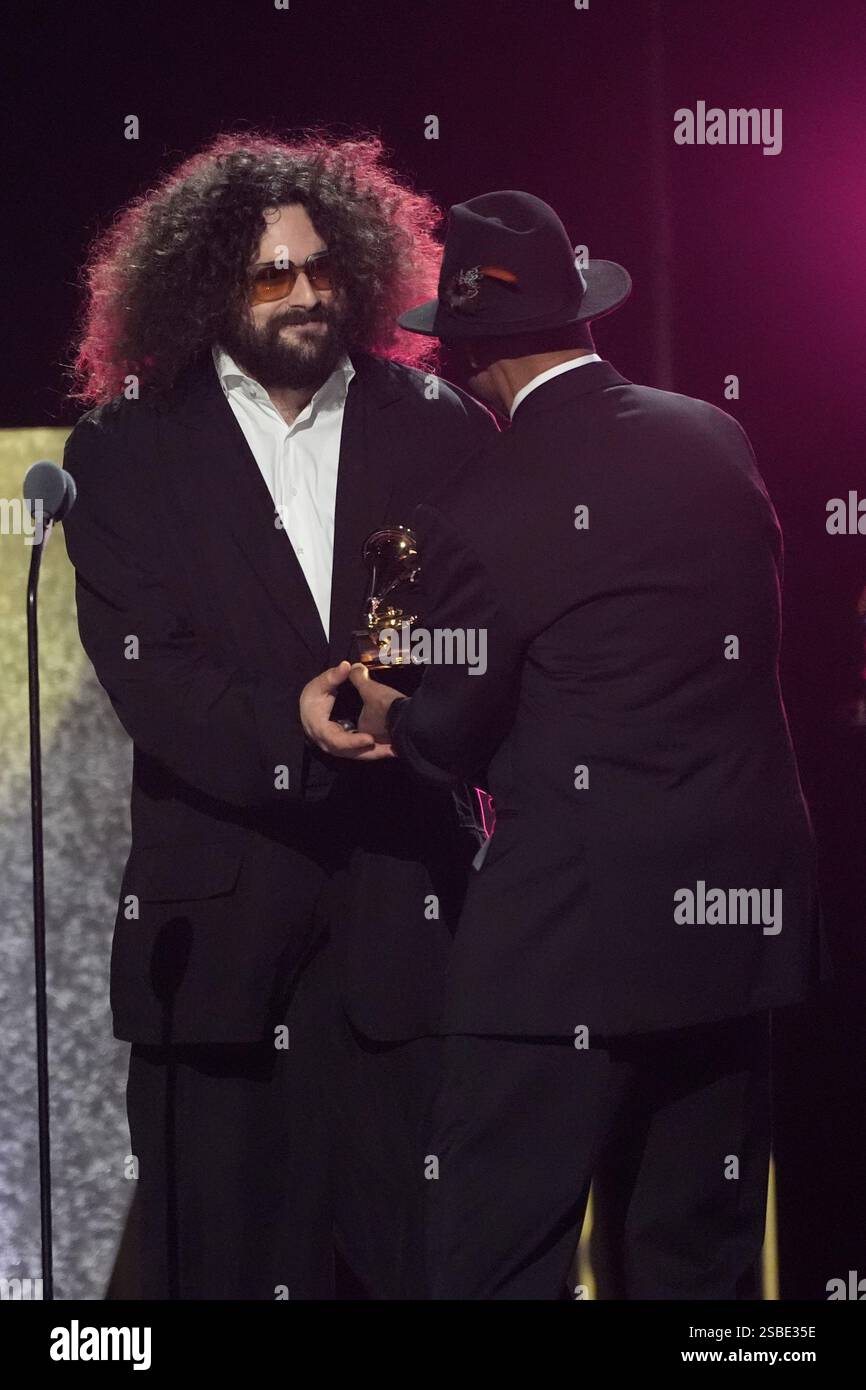 Jimmy Jam, right, presents Jared Solomon the award for best r&b song ...