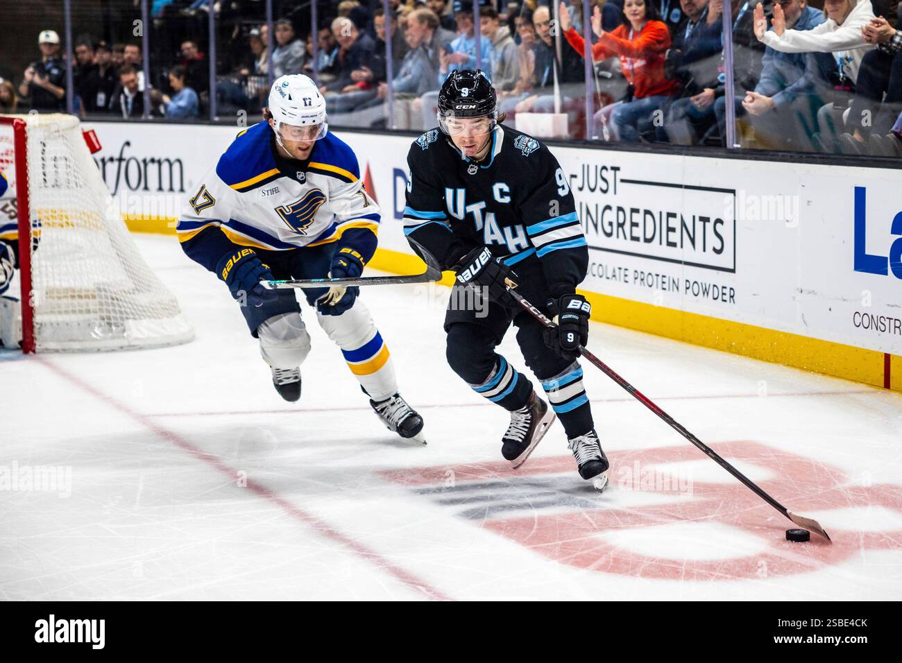 Utah Hockey Club center Clayton Keller (9) takes possession of the puck ...