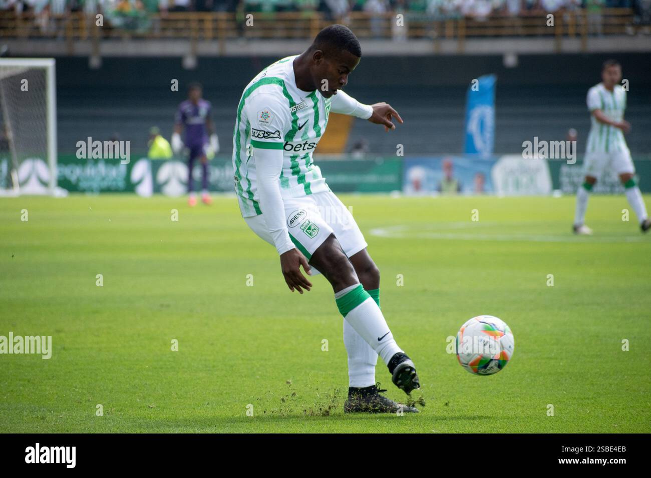 Player Andres Roman of Atletico Nacional kicks the ball during the Liga ...