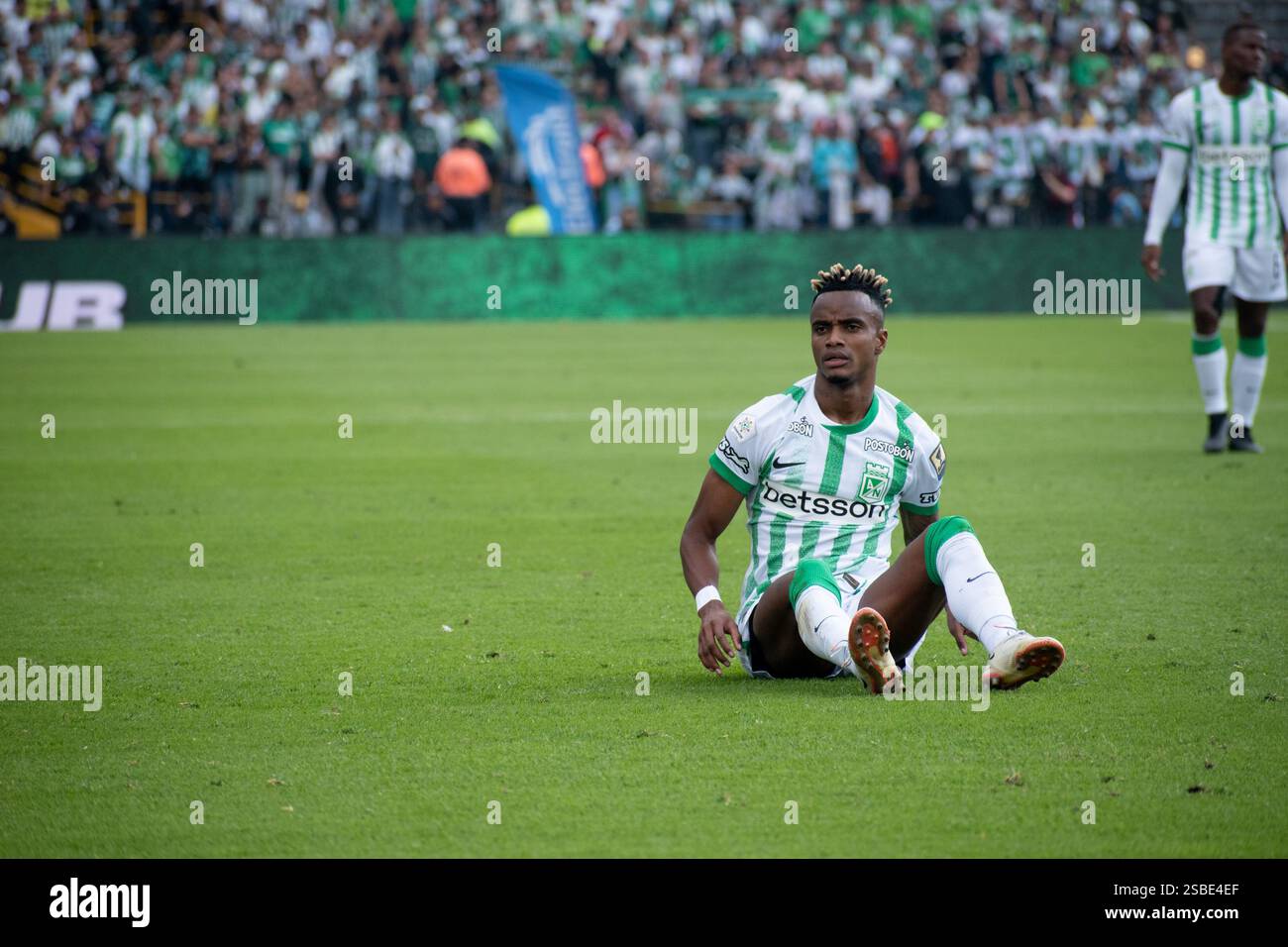 Bogota, Colombia. 26th Jan, 2025. Nacional player Faber Gil claims on ...
