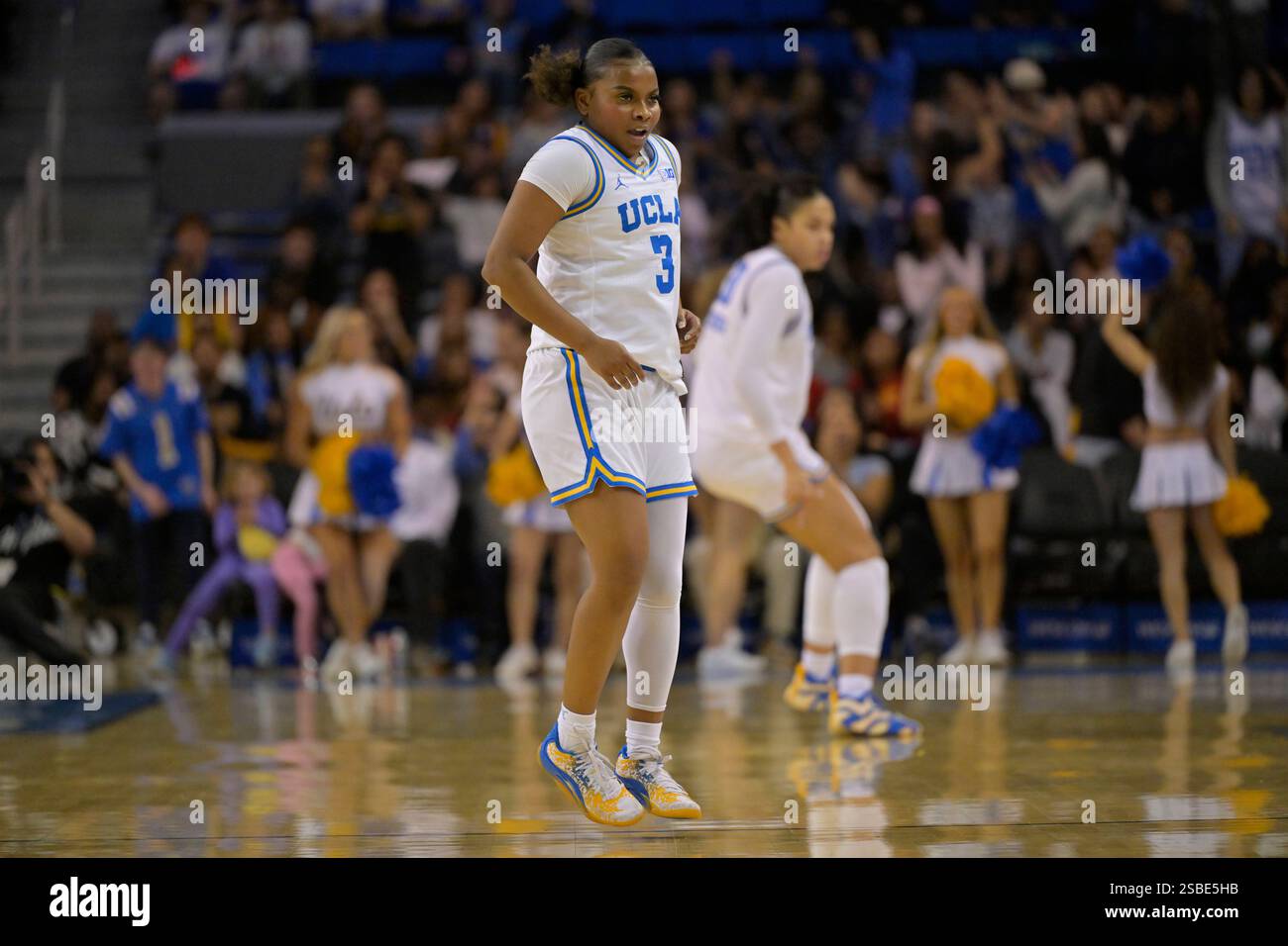 UCLA guard Londynn Jones reacts after a 3-point basket during the ...