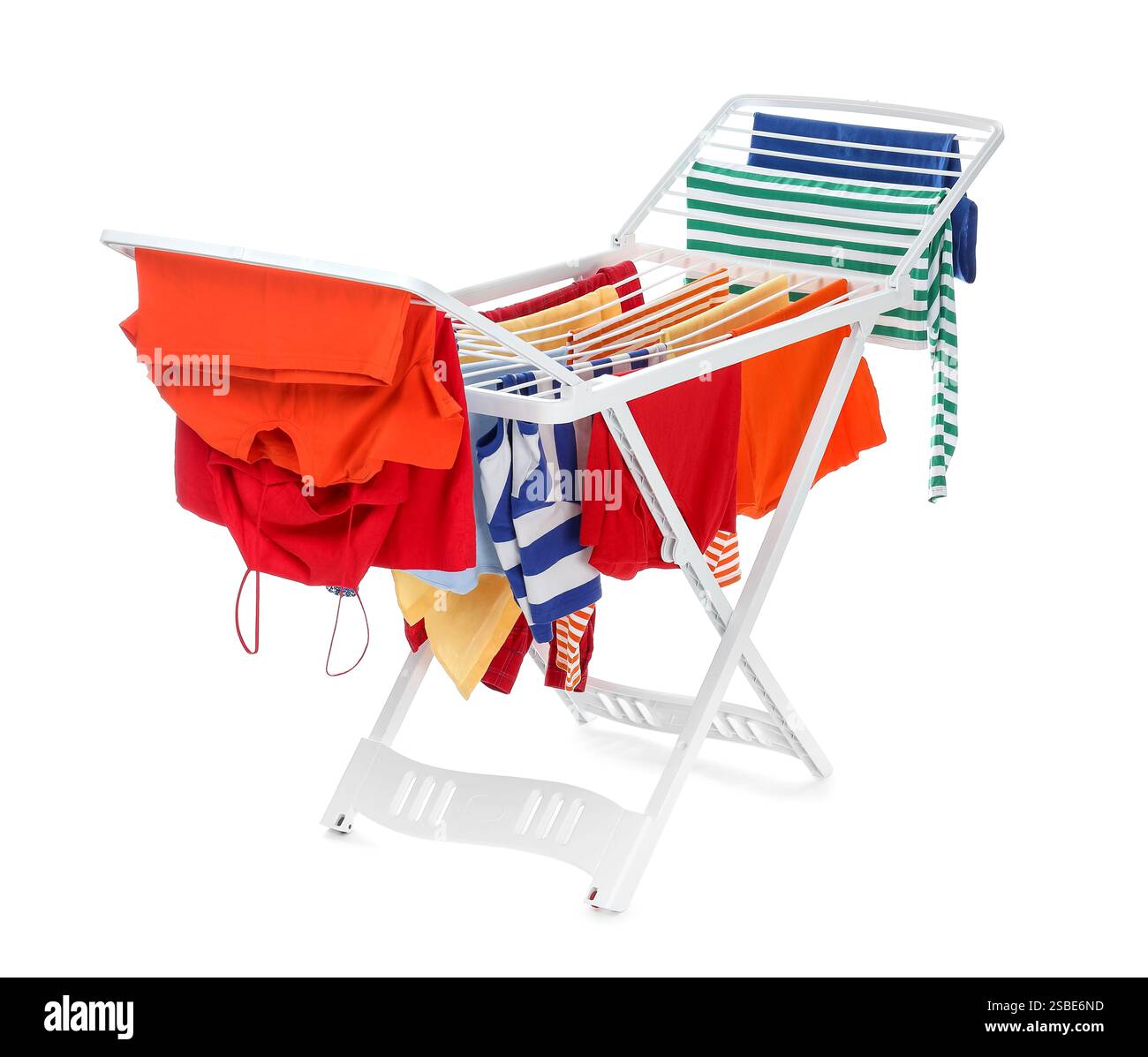 Drying rack with fresh clean laundry isolated on white Stock Photo - Alamy