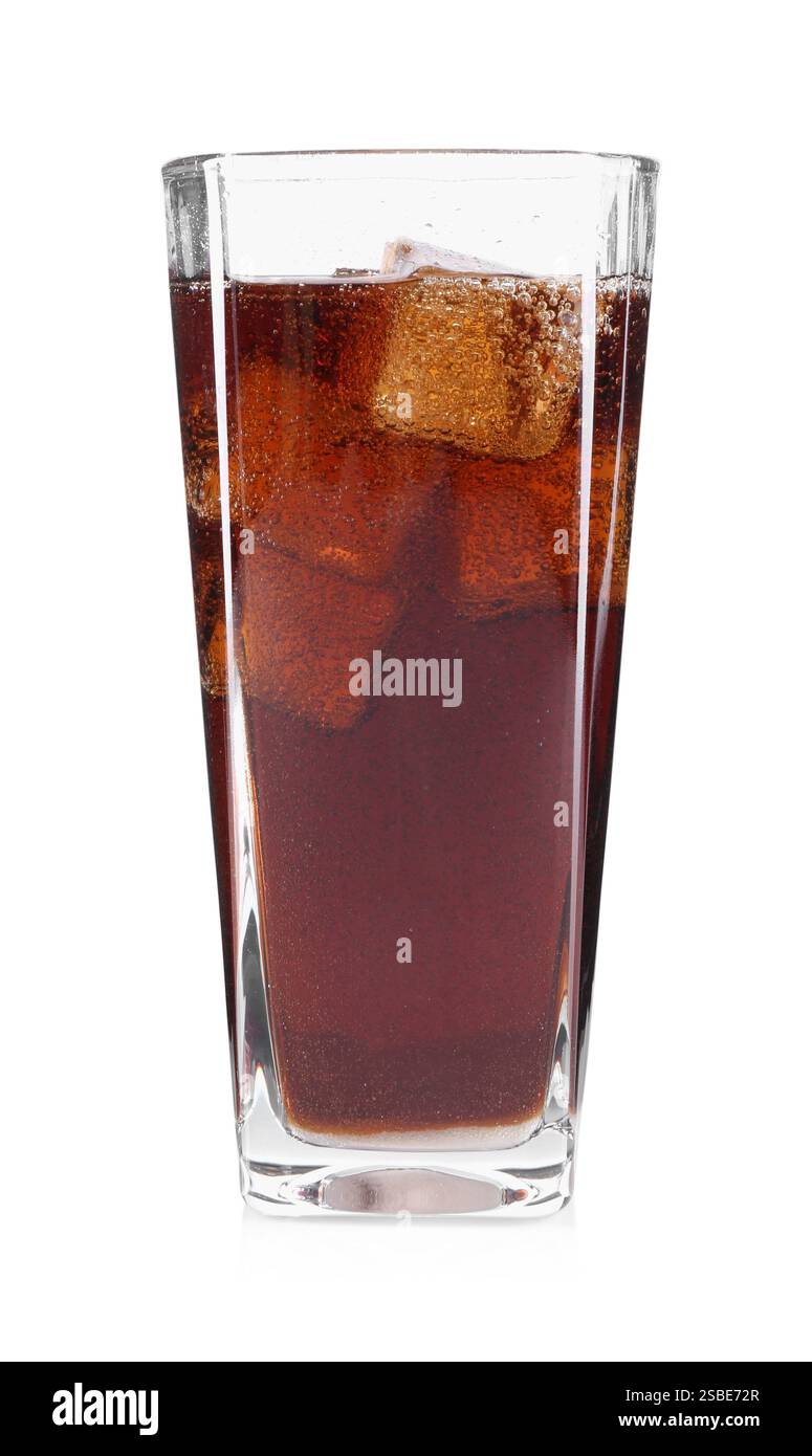 Sweet soda water with ice cubes in glass isolated on white Stock Photo ...