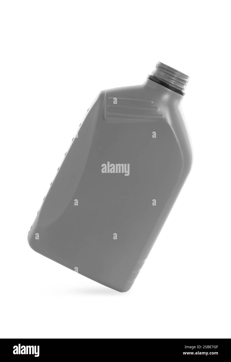 One grey plastic canister in air on white background Stock Photo - Alamy