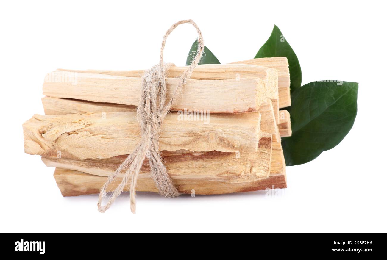 Bunch of palo santo sticks and green leaves on white background Stock ...