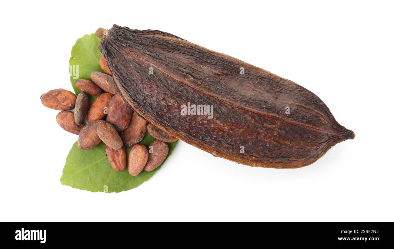 Cocoa pod, beans and leaves isolated on white, top view Stock Photo - Alamy
