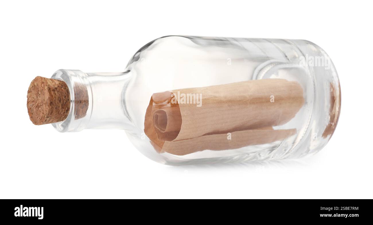 Corked glass bottle with rolled letter isolated on white Stock Photo ...