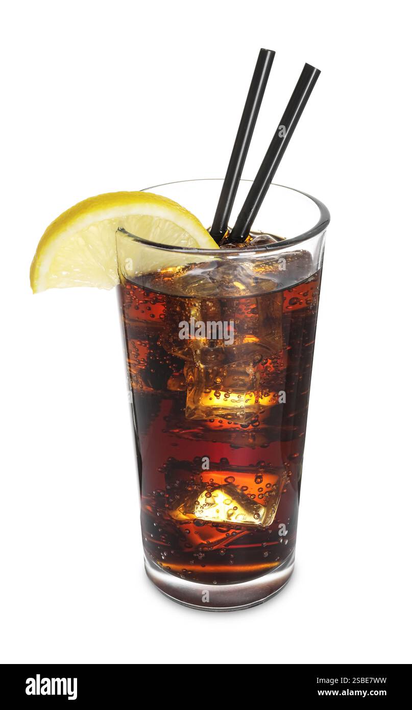 Refreshing cola with slice of lemon, ice cubes and drinking straws in glass isolated on white ...