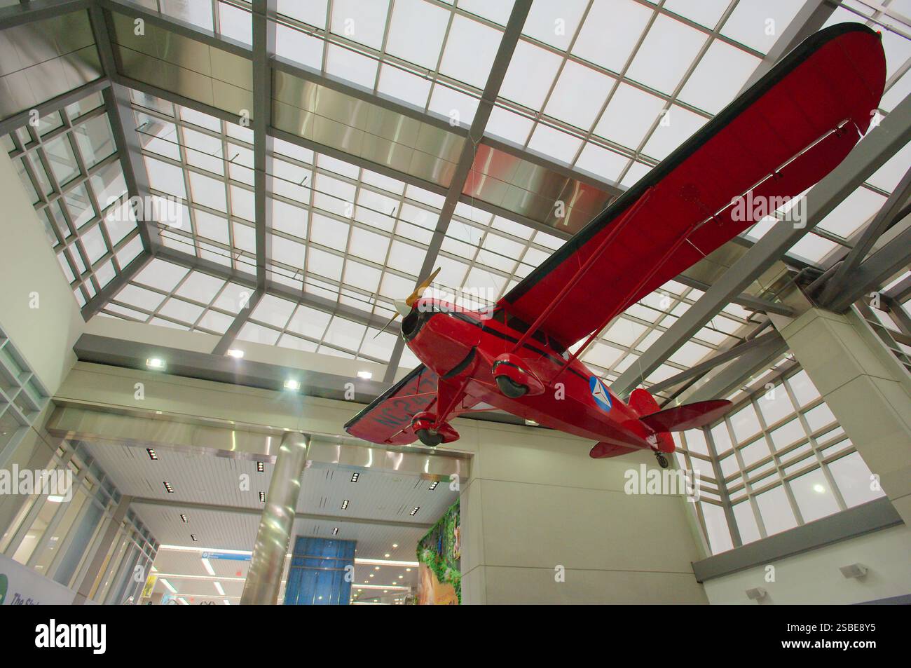 Wide view up to a full size bright red Funk Model B airplane displayed ...