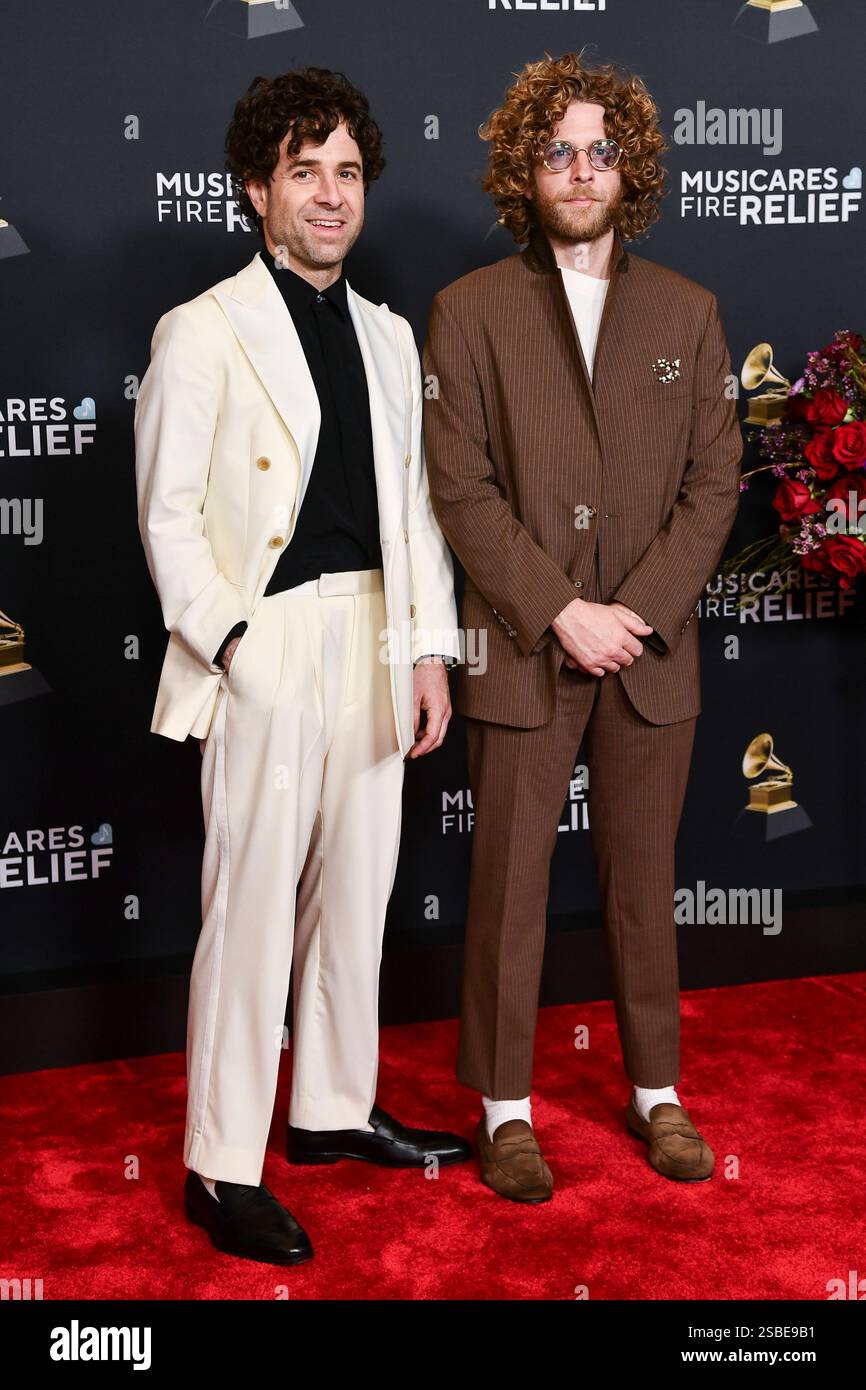 Taylor Goldsmith and Griffin Goldsmith of Dawes pose in the press room ...