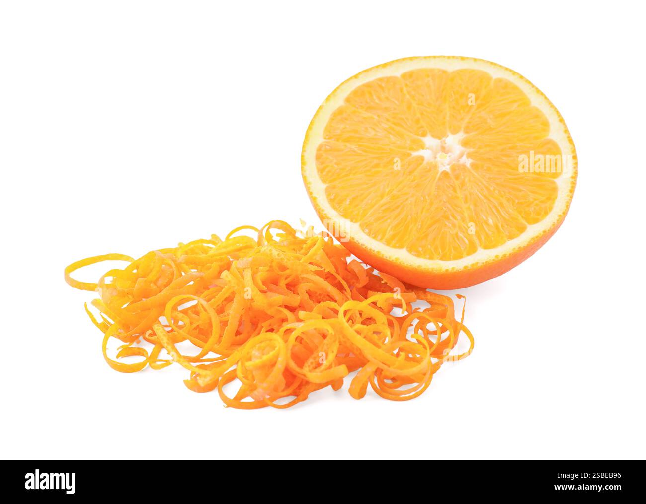 Pile of fresh orange zest and cut fruit isolated on white Stock Photo ...