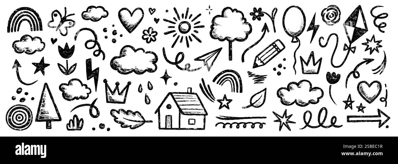 Kid crayon chalk line cloud, flower children sticker set. Hand drawn ...