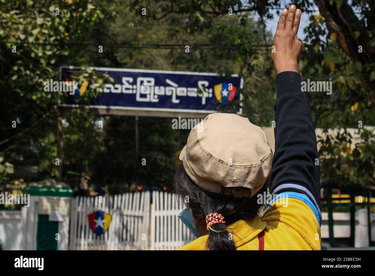 Salin, Myanmar. 03rd Mar, 2021. A woman makes the anti-coup three ...