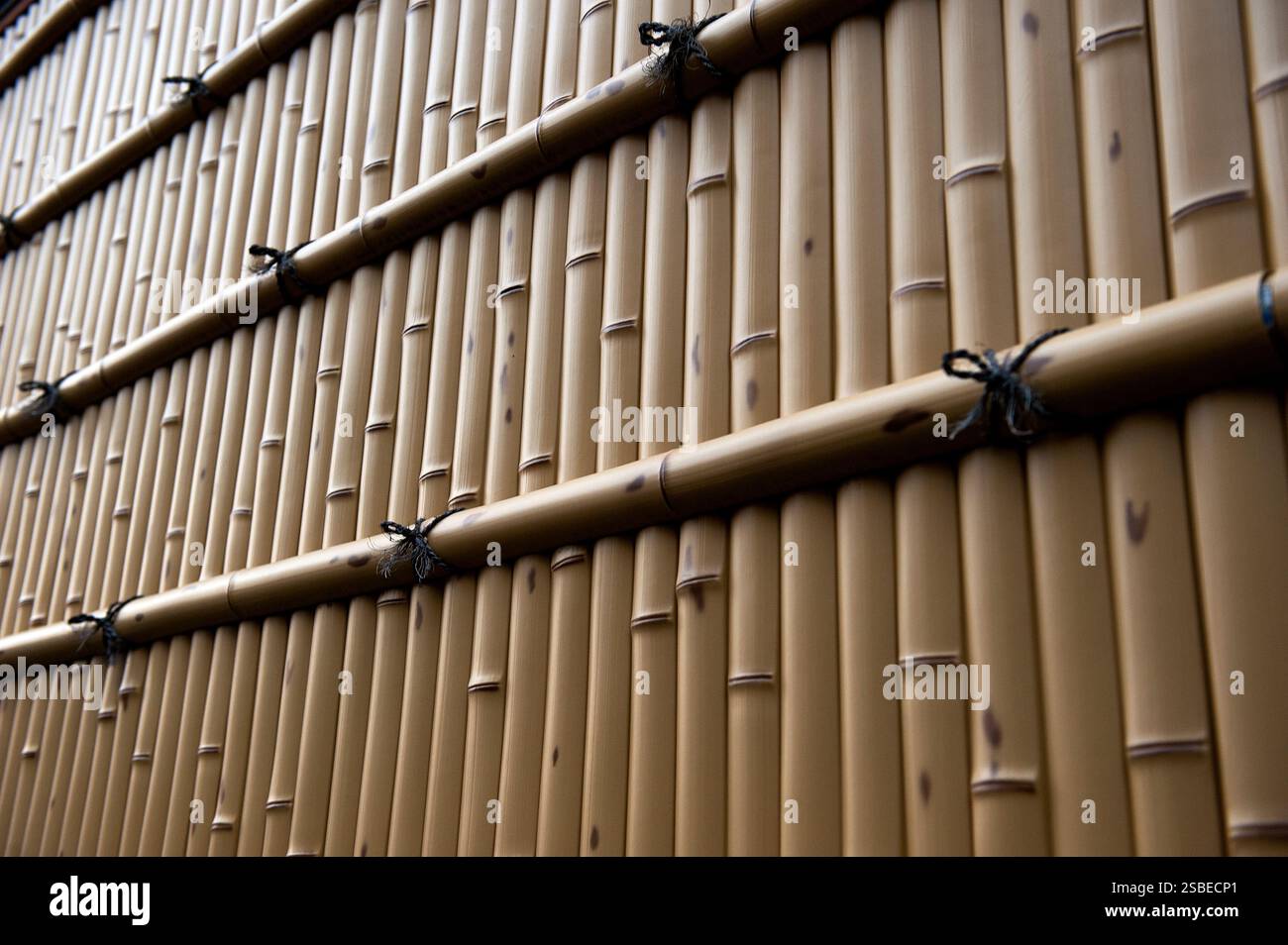 Bamboo fence with vertical and horizontal slats tied together with ...