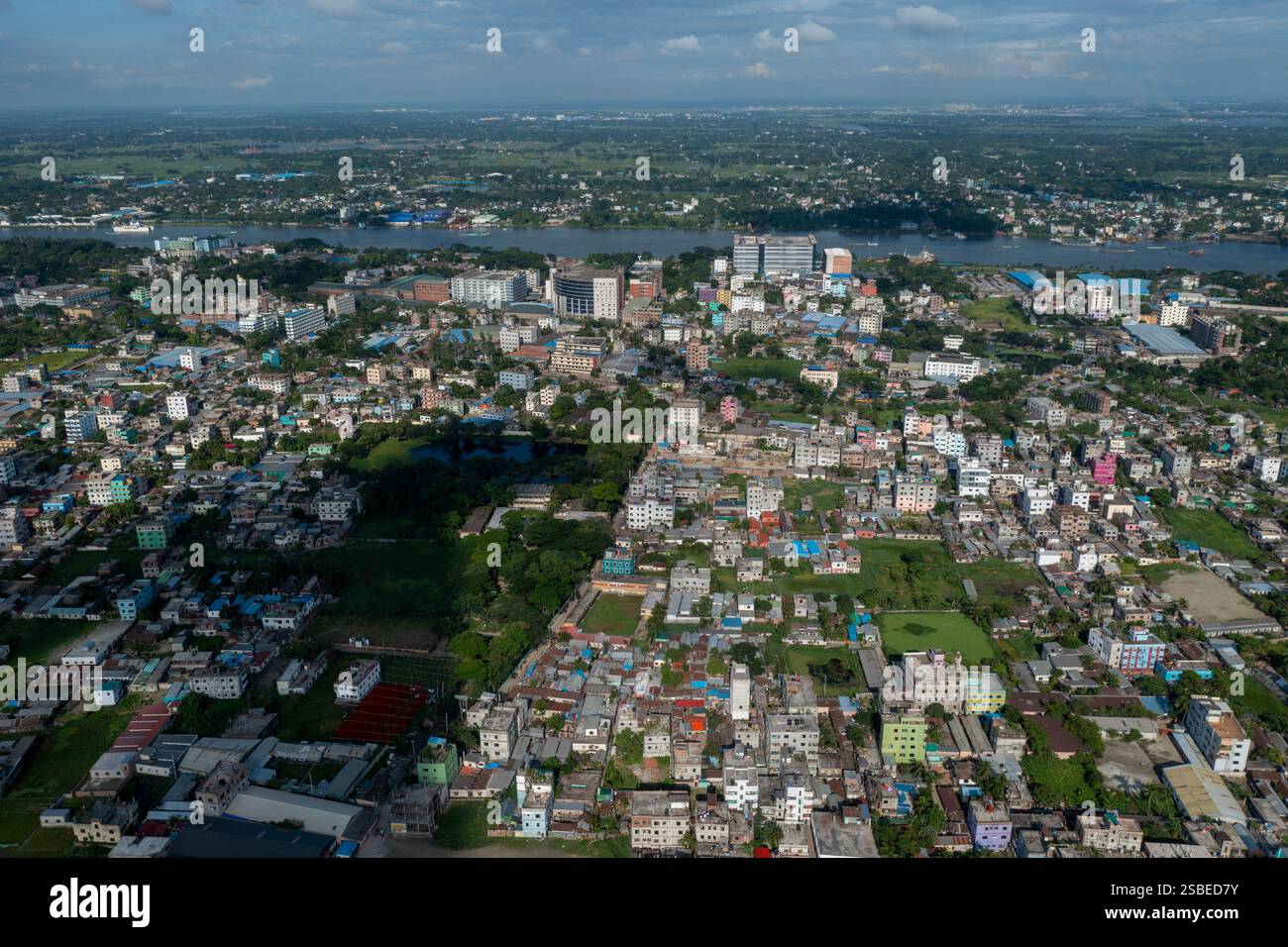 An aerial view of Narayanganj city, situated on the banks of the Shitalakshya River in ...