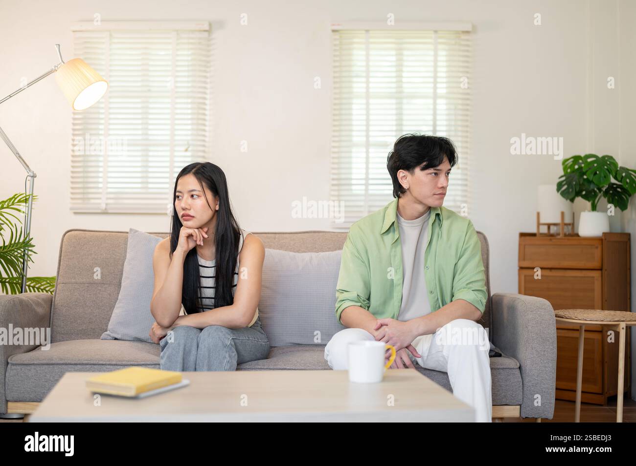 An angry young Asian couple sits separately on the sofa, looking away from each other, facing ...