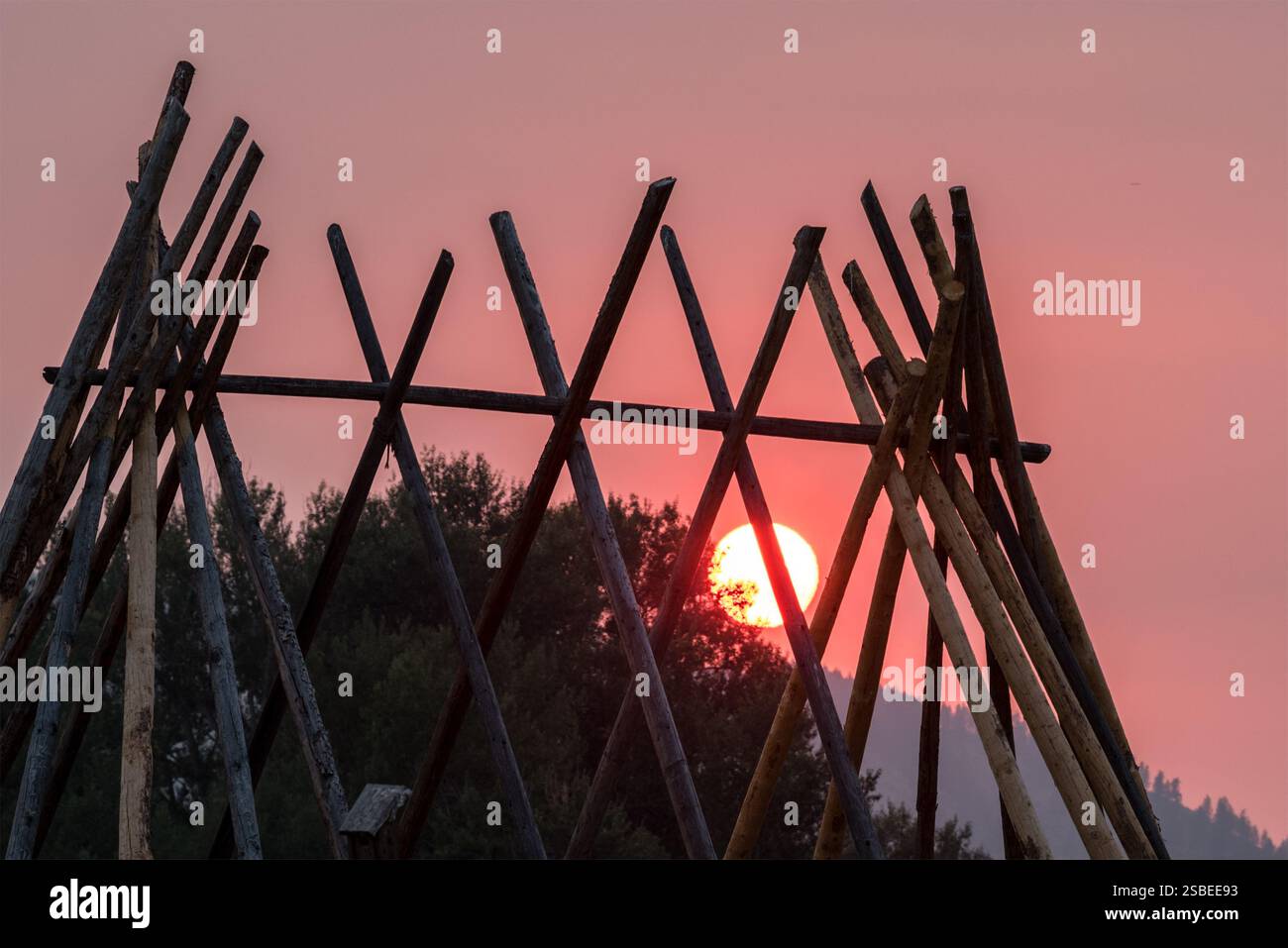 Sunset and top of shower structure at the Nez Perce Wallowa Homeland ...