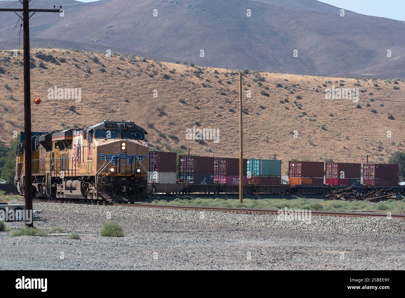 Freight train moving through the rail yard in Huntington, Oregon Stock ...