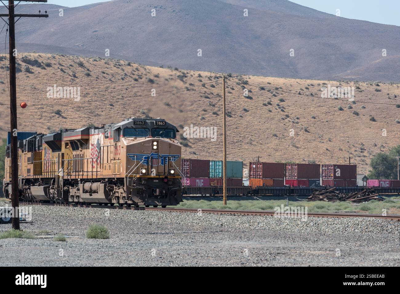 Freight train moving through the rail yard in Huntington, Oregon Stock ...