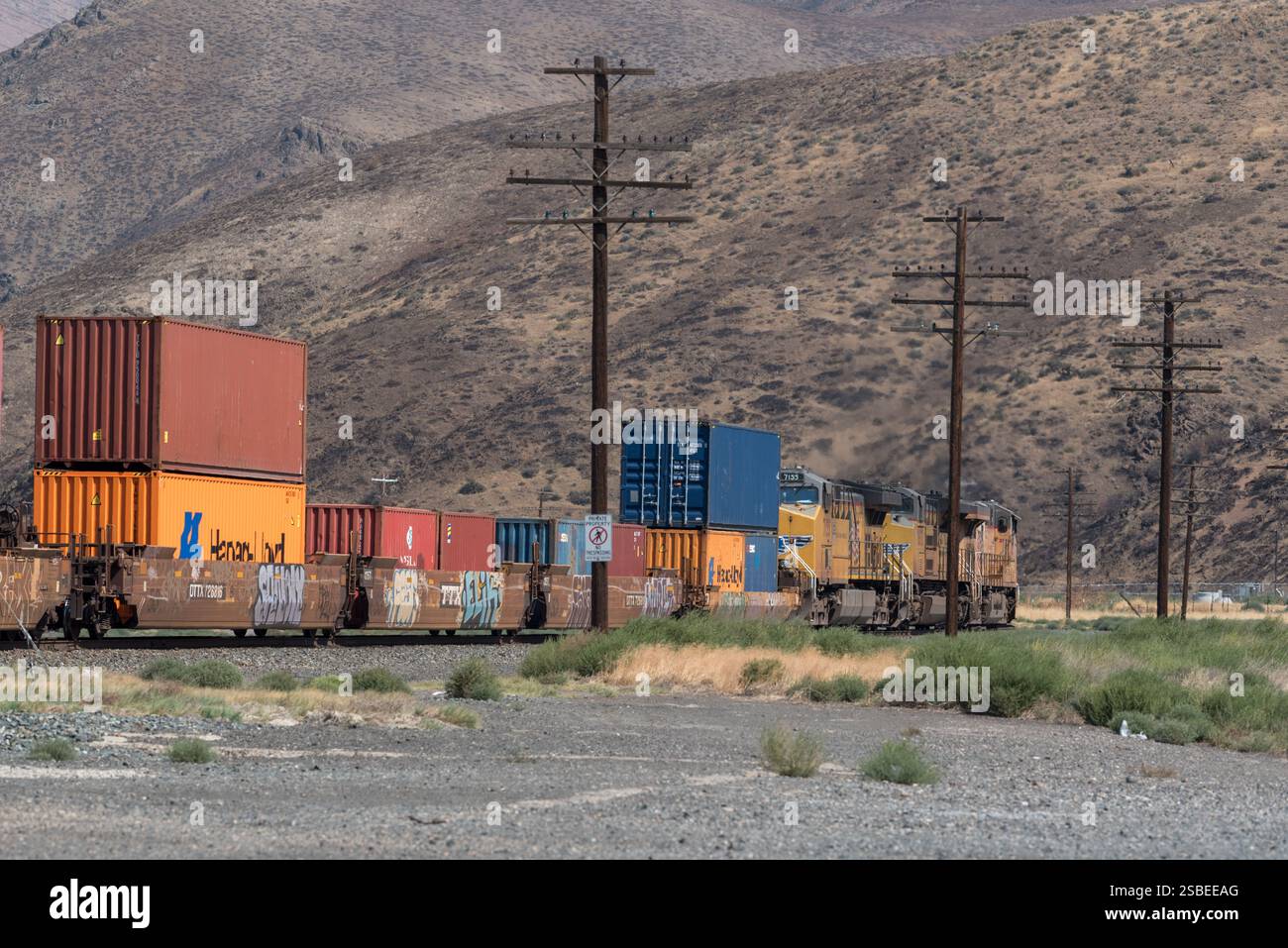 Freight train moving through the rail yard in Huntington, Oregon Stock ...