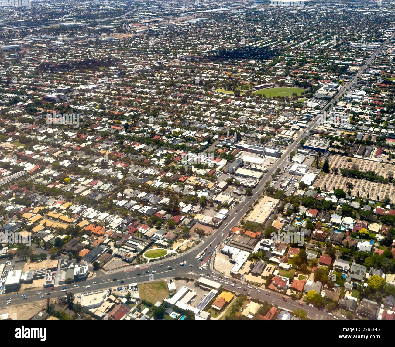 Aerial view of the suburbs houses and roads around the city of Adelaide ...