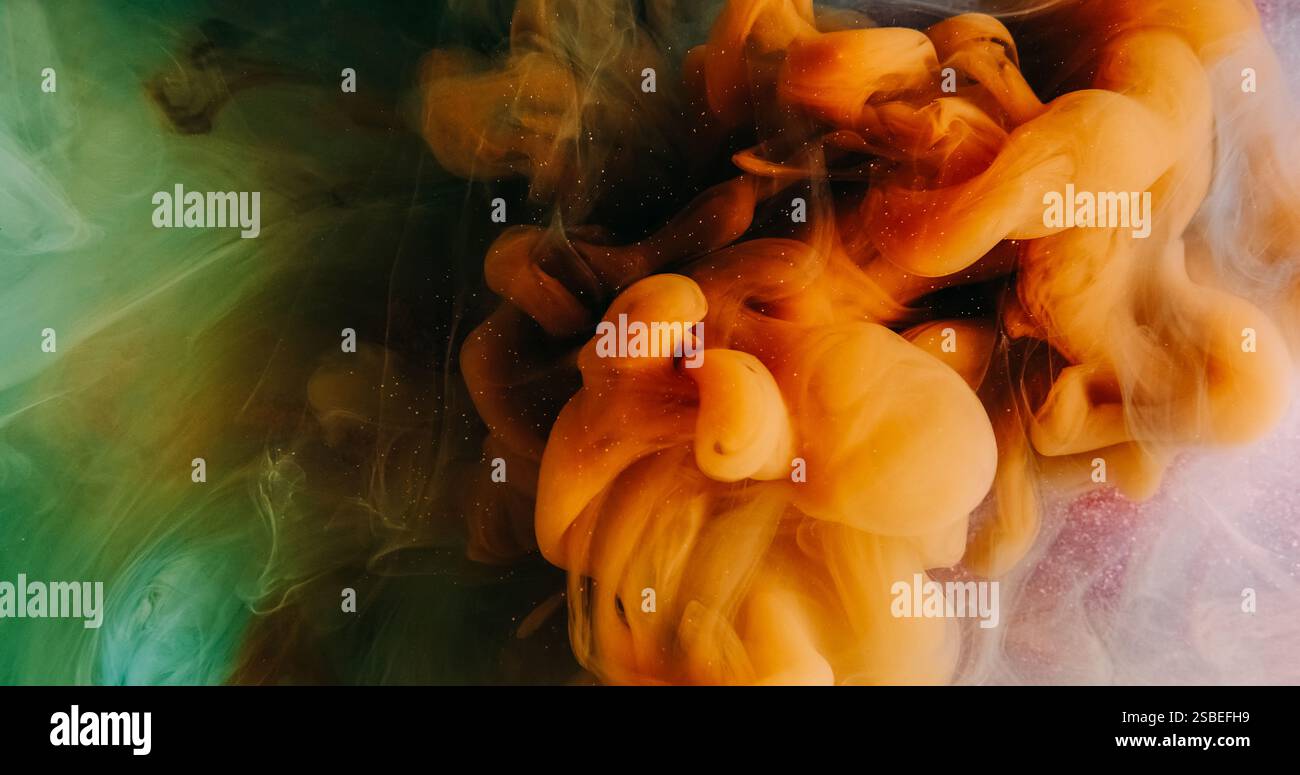 Smoke cloud. Paint drop water. Orange green color vapor splash floating ...