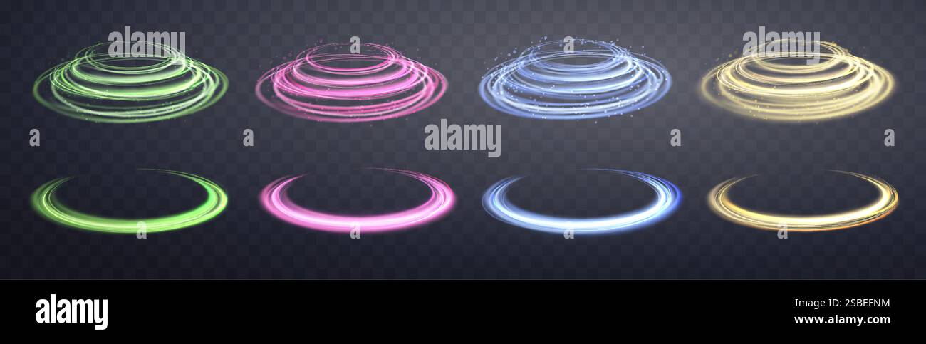 Glowing magic rings set. Neon realistic energy flare rings with ...