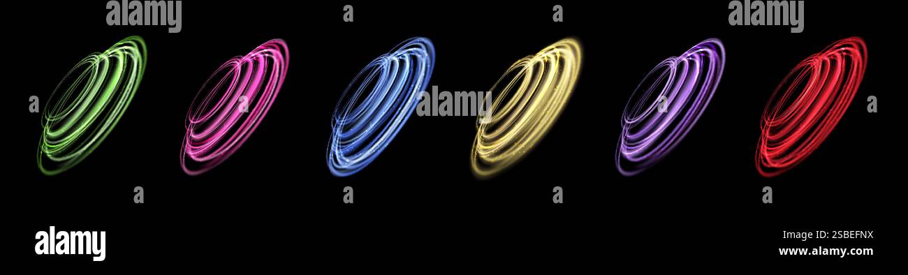 Glowing magic rings set. Neon realistic energy flare rings with ...