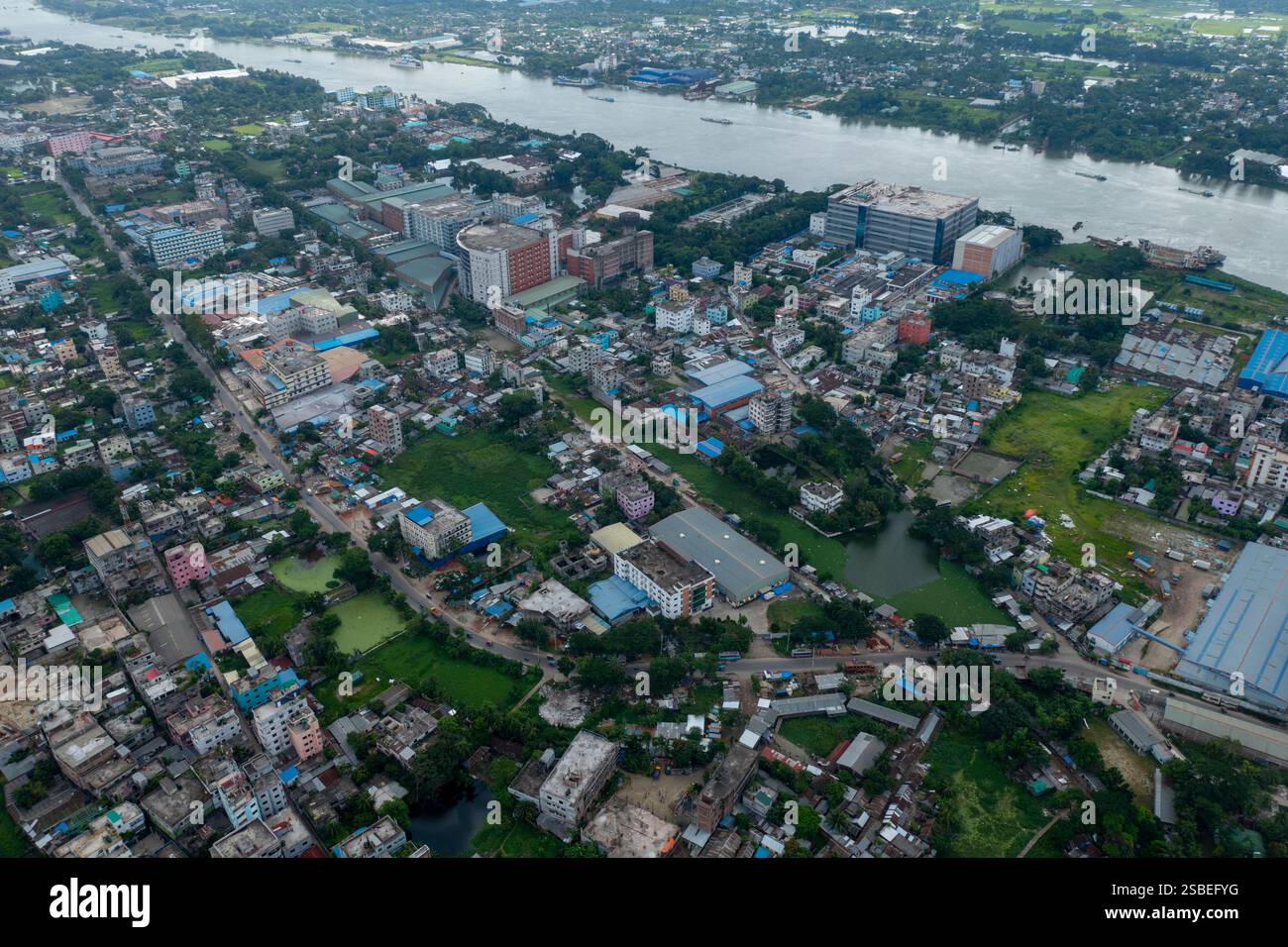 An aerial view of Narayanganj city, situated on the banks of the Shitalakshya River in ...