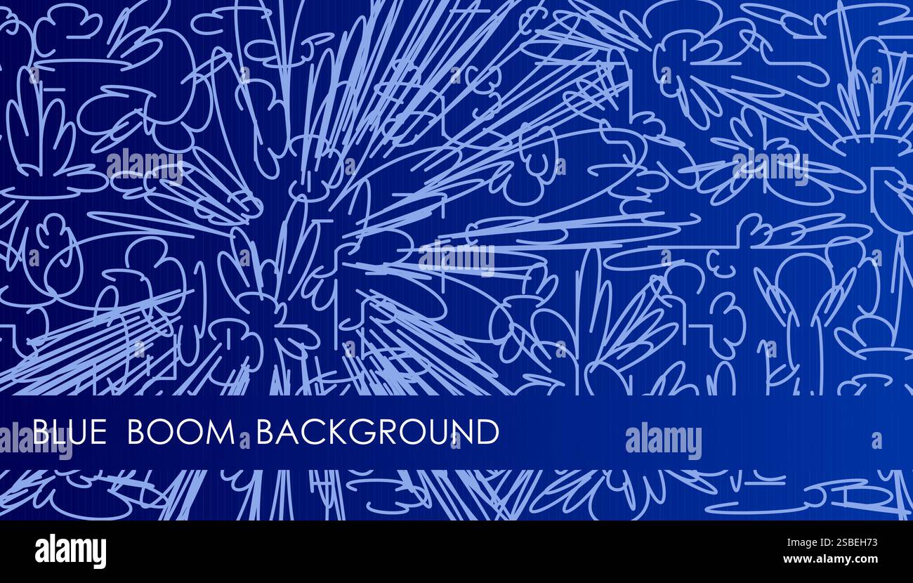Horizontal blue explosion abstract background with hand drawn battle ...