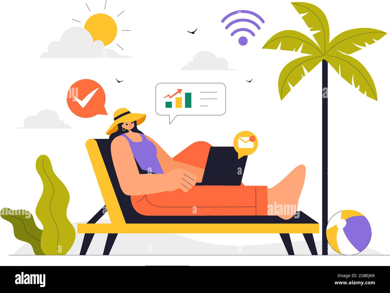 Digital Nomad Lifestyle Vector Illustration Featuring People Working Remotely While Traveling ...