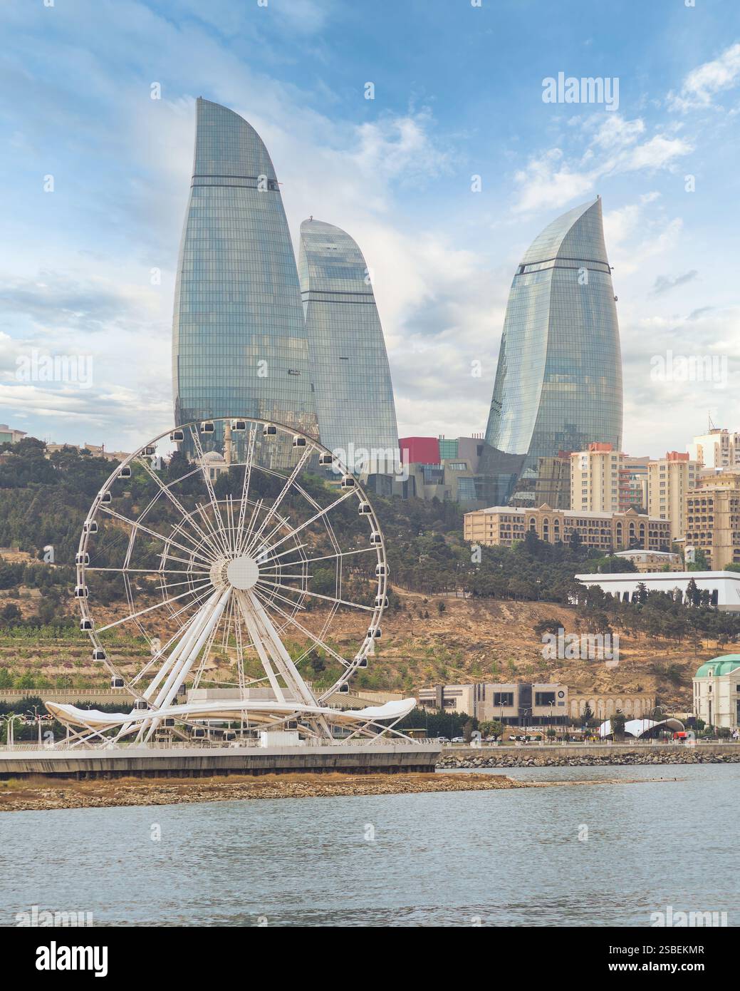 The skyline of Baku, Azerbaijan, characterized by the presence of flame ...