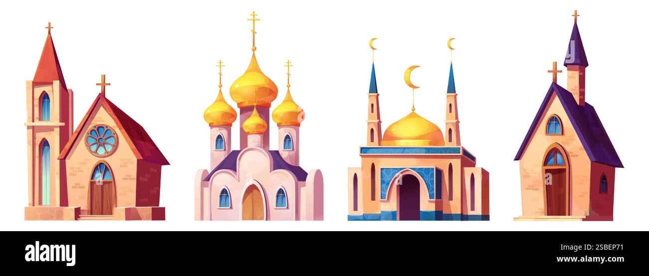 Church building cartoon set with Catholic chapel, Orthodox cathedral ...