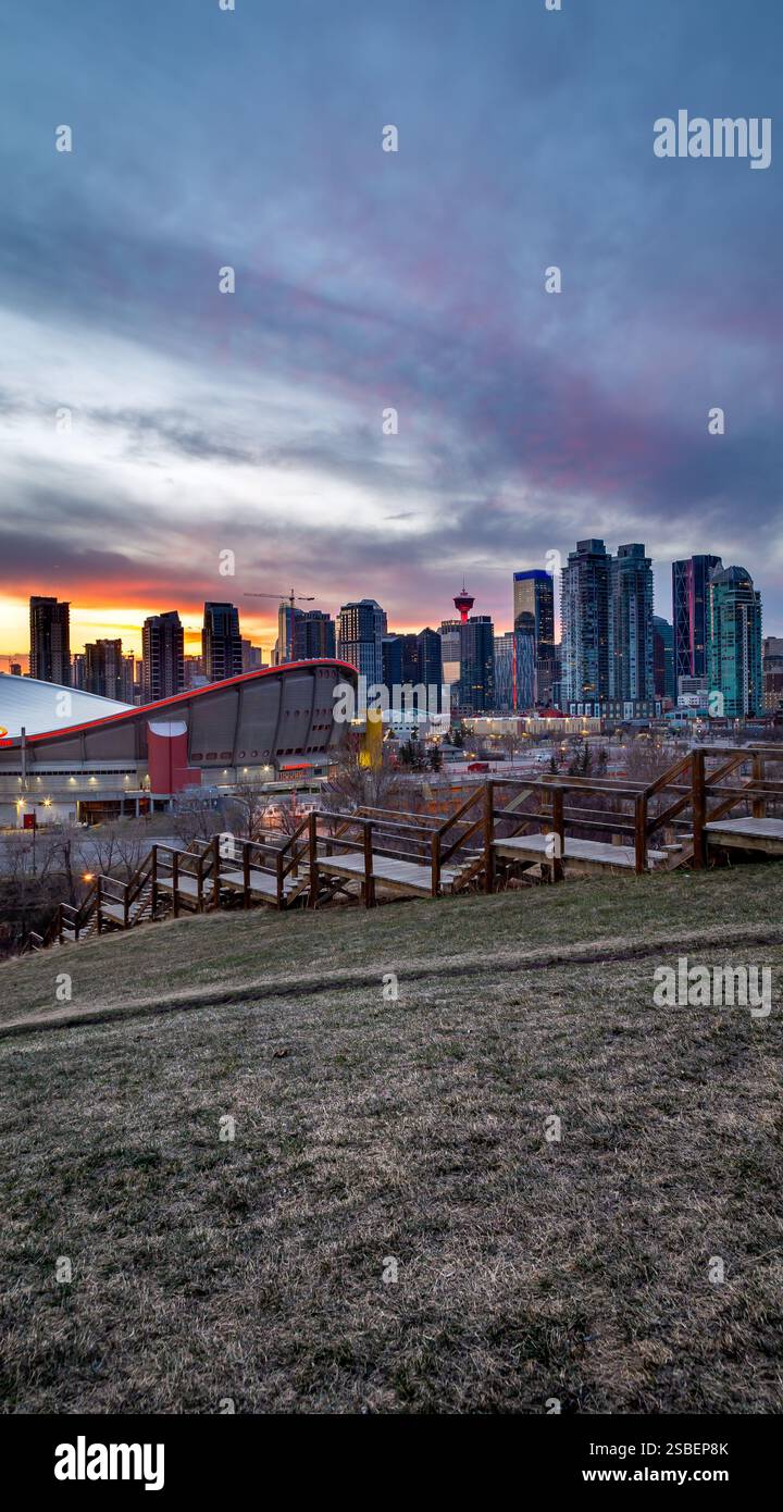 Evening sunset colours looking towards downtown Calgary with it's tall ...