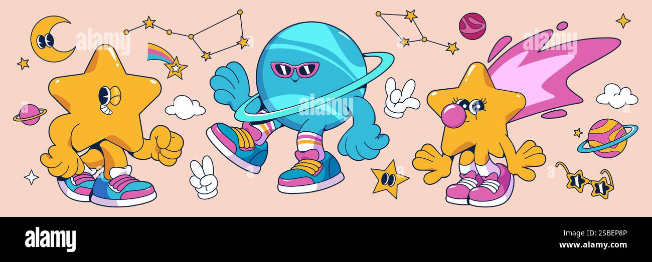 Groovy universe cartoon characters - walking star mascots, cool planet ...