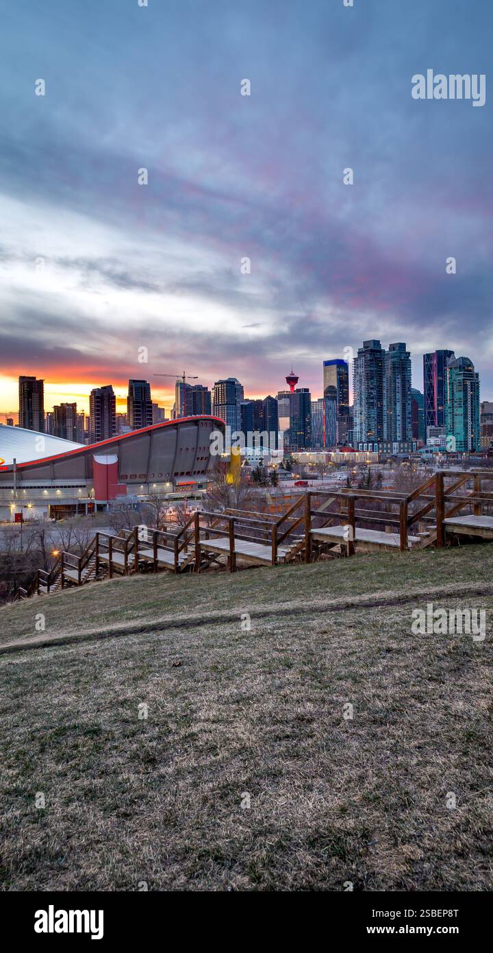 Evening sunset colours looking towards downtown Calgary with it's tall ...