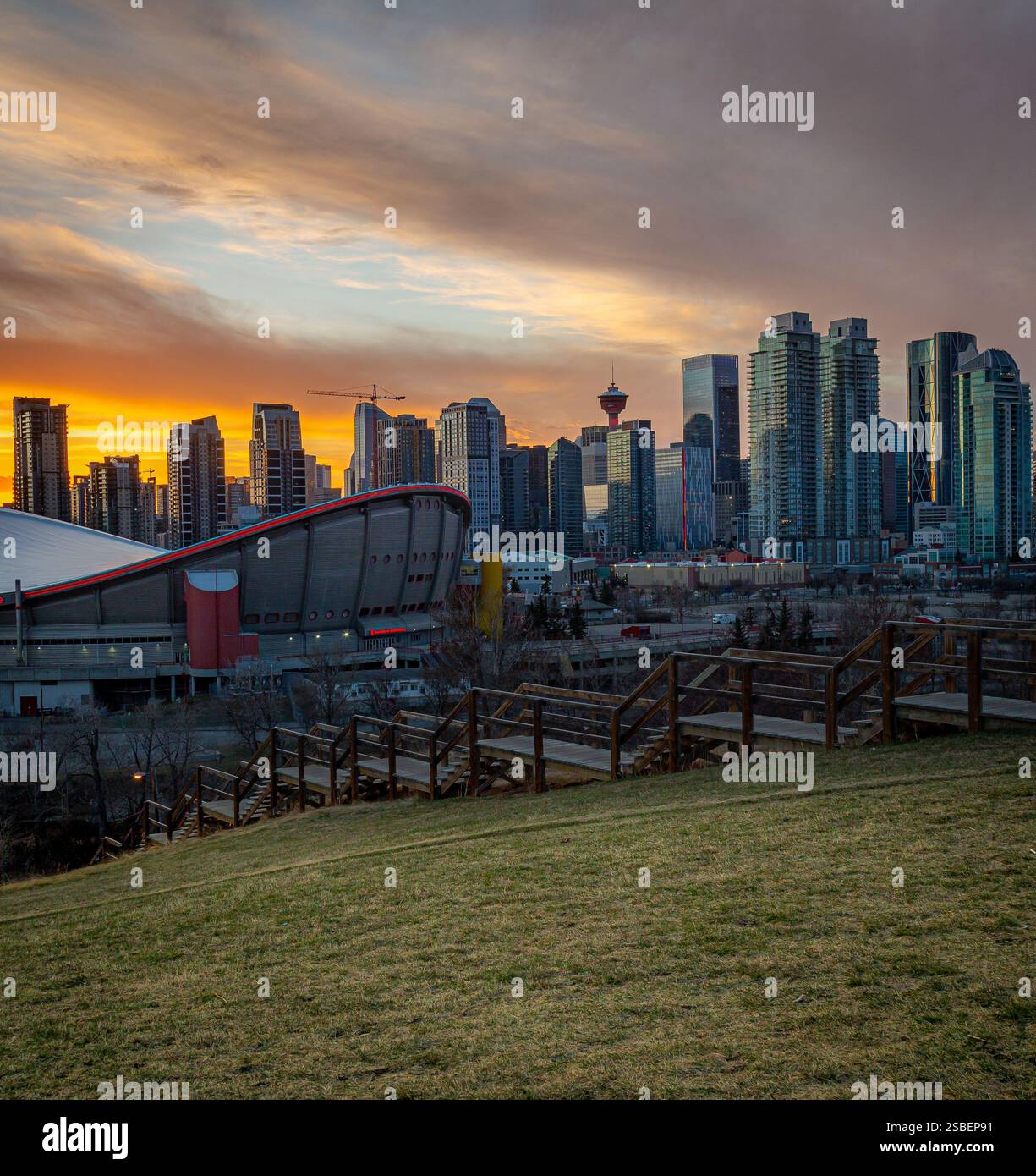 Evening sunset colours looking towards downtown Calgary with it's tall ...