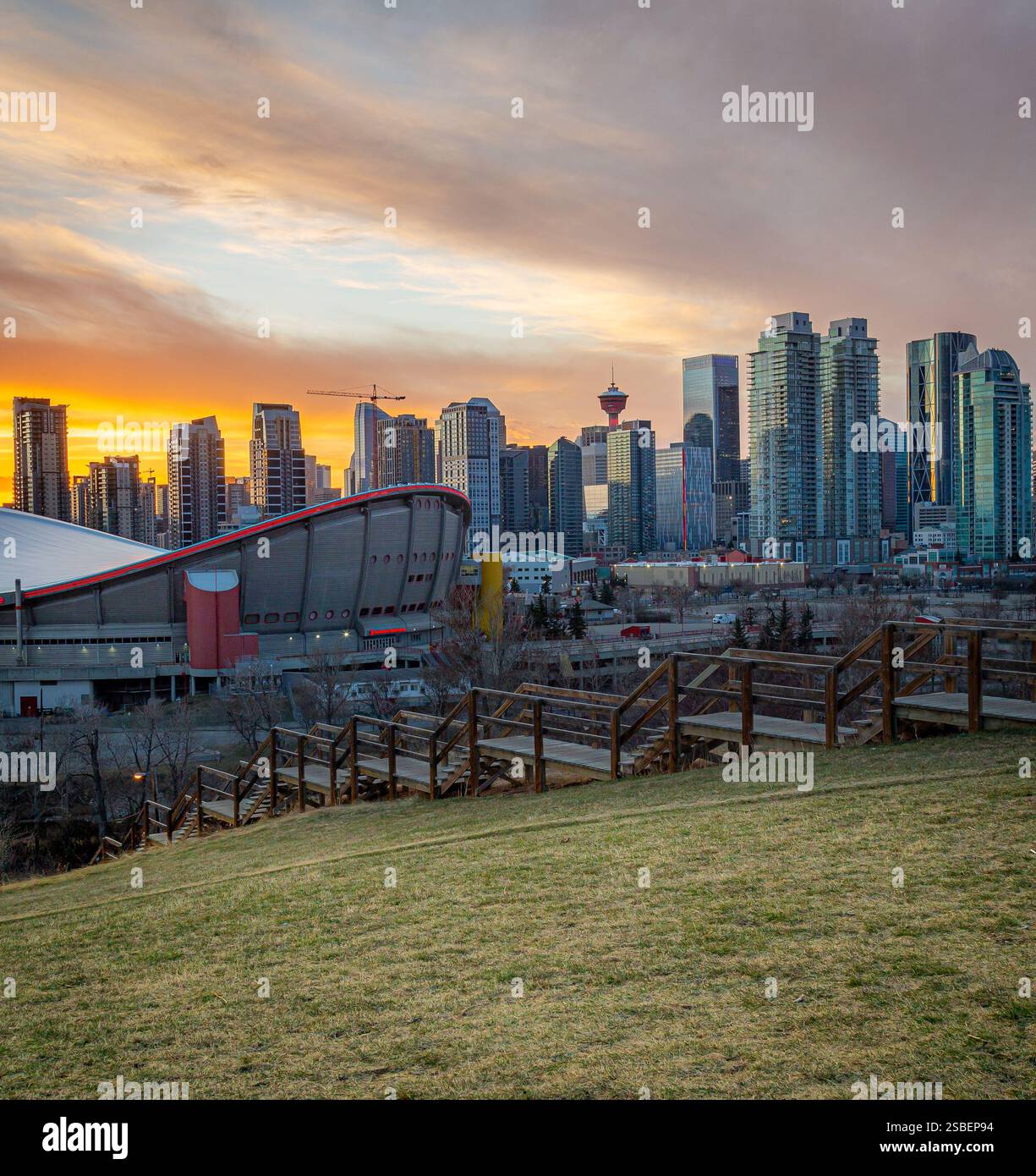 Evening sunset colours looking towards downtown Calgary with it's tall ...