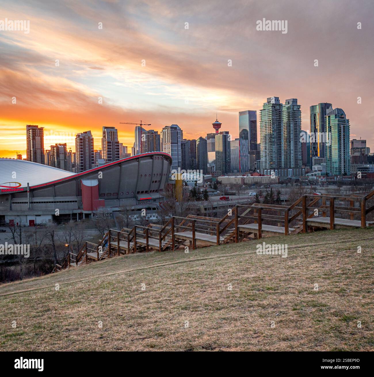 Evening sunset colours looking towards downtown Calgary with it's tall ...