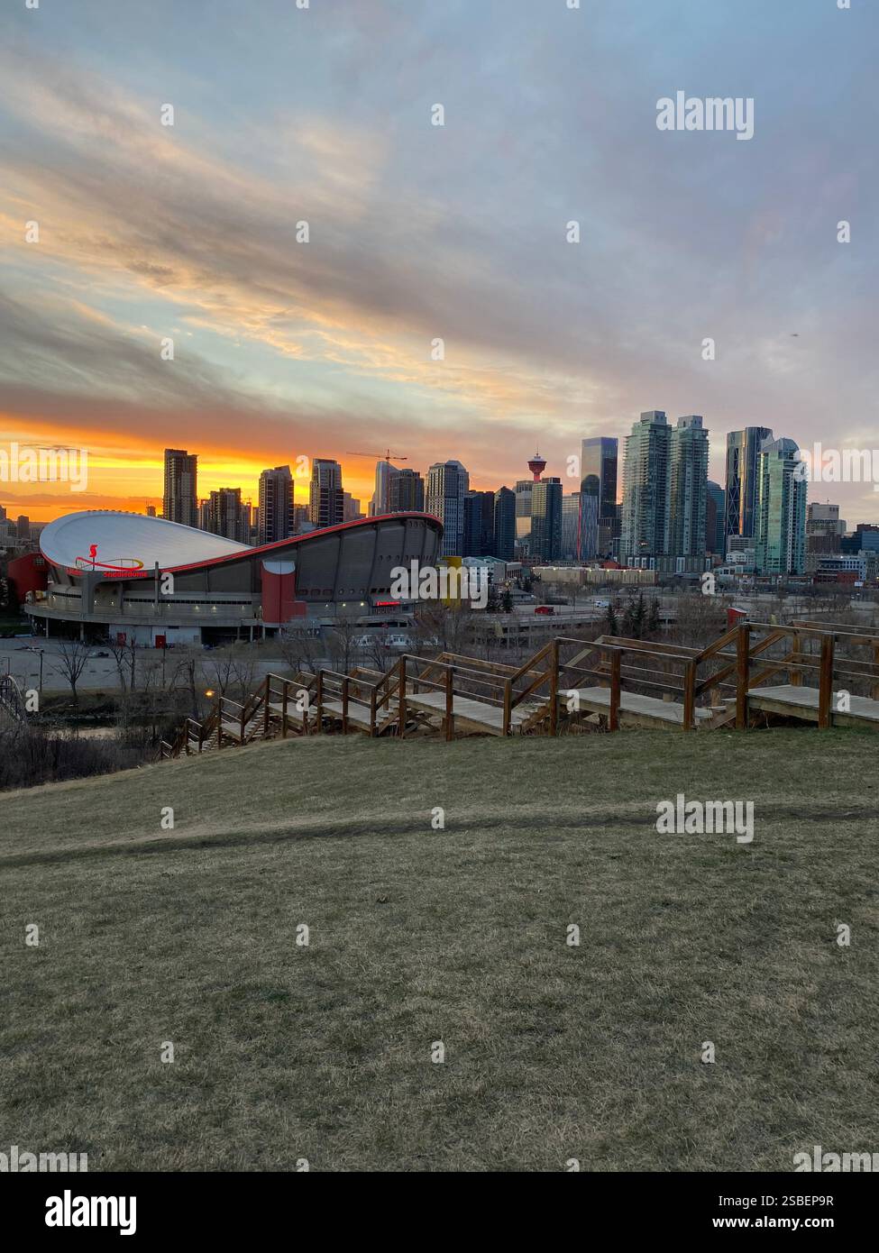 Evening sunset colours looking towards downtown Calgary with it's tall ...