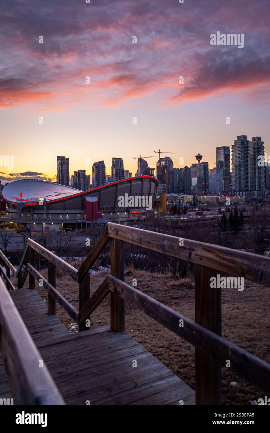 Evening sunset colours looking towards downtown Calgary with it's tall ...