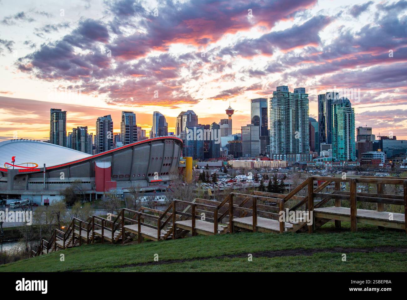 Evening sunset colours looking towards downtown Calgary with it's tall ...