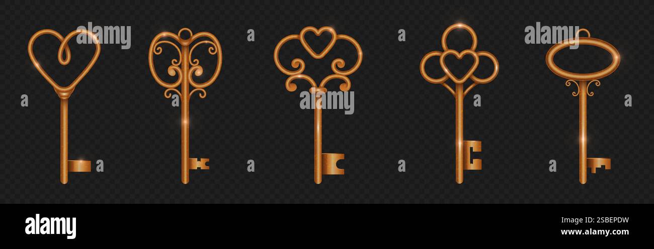 Vintage gold key set decorated with heart shapes and ornate swirls ...