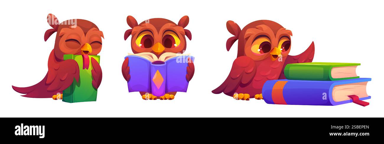 Reading owls set isolated on white background. Vector cartoon ...