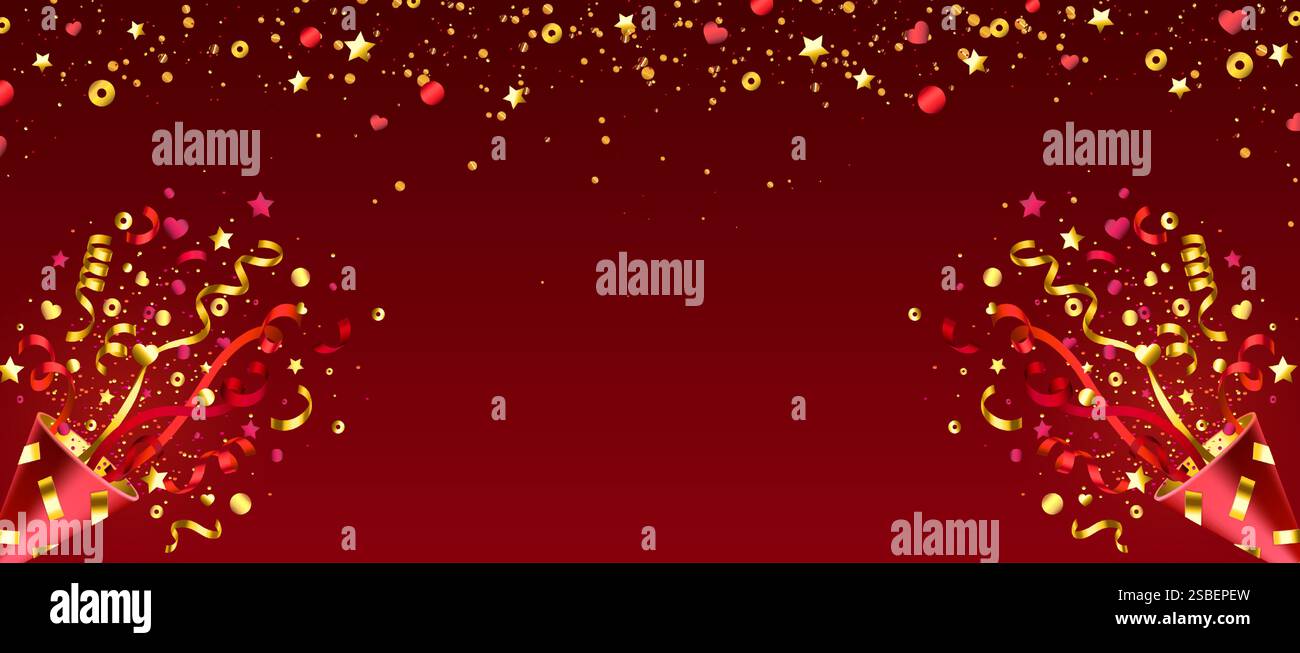 Party popper explosion with red and golden confetti on scarlet ...